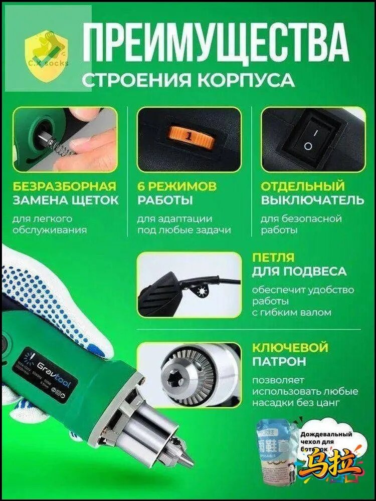 Гравер электрический мощный 500 ВТ,35000 об/мин, с ключевым патроном 0.5-6 мм / Бор машинка электрическая / Мини дрель