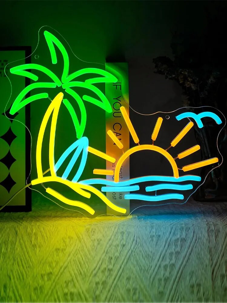 Неоновая вывеска "Солнце и пальма" LED USB, тропический декор, для дома и дачи, диммер