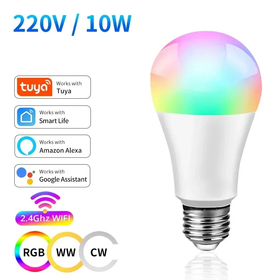 Умная Светодиодная Лампа Tuya WiFi E27 RGB 10W 15W 20W С Голосовым Управлением, Совместимая С Google Home И Alexa