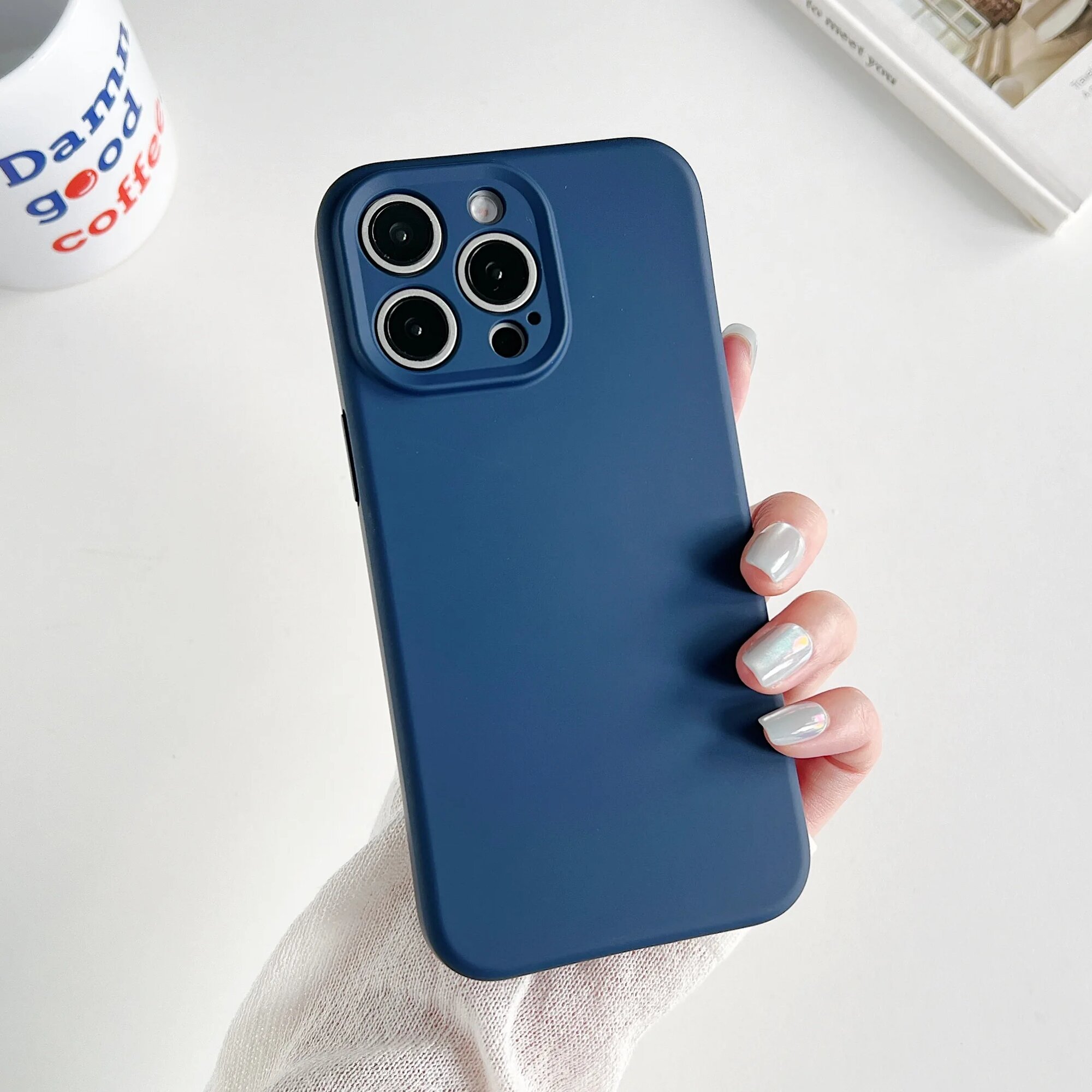Мягкий жидкий силиконовый чехол для iPhone 16 Pro Max 15 14 13 Айфон 15 Про Макс, Синий, Dark Blue