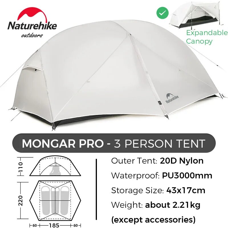 Палатка Naturehike Mongar Tent PRO для 1, 2, 3 человек для кемпинга ультralегкая наружная водонепроницаемая из 20D нейлона для походов и альпинизма портативная палатка
