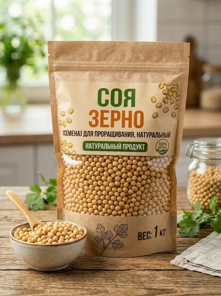 Соя 1кг, свежий урожай 2025, соевые бобы, без ГМО, соя для проращивания