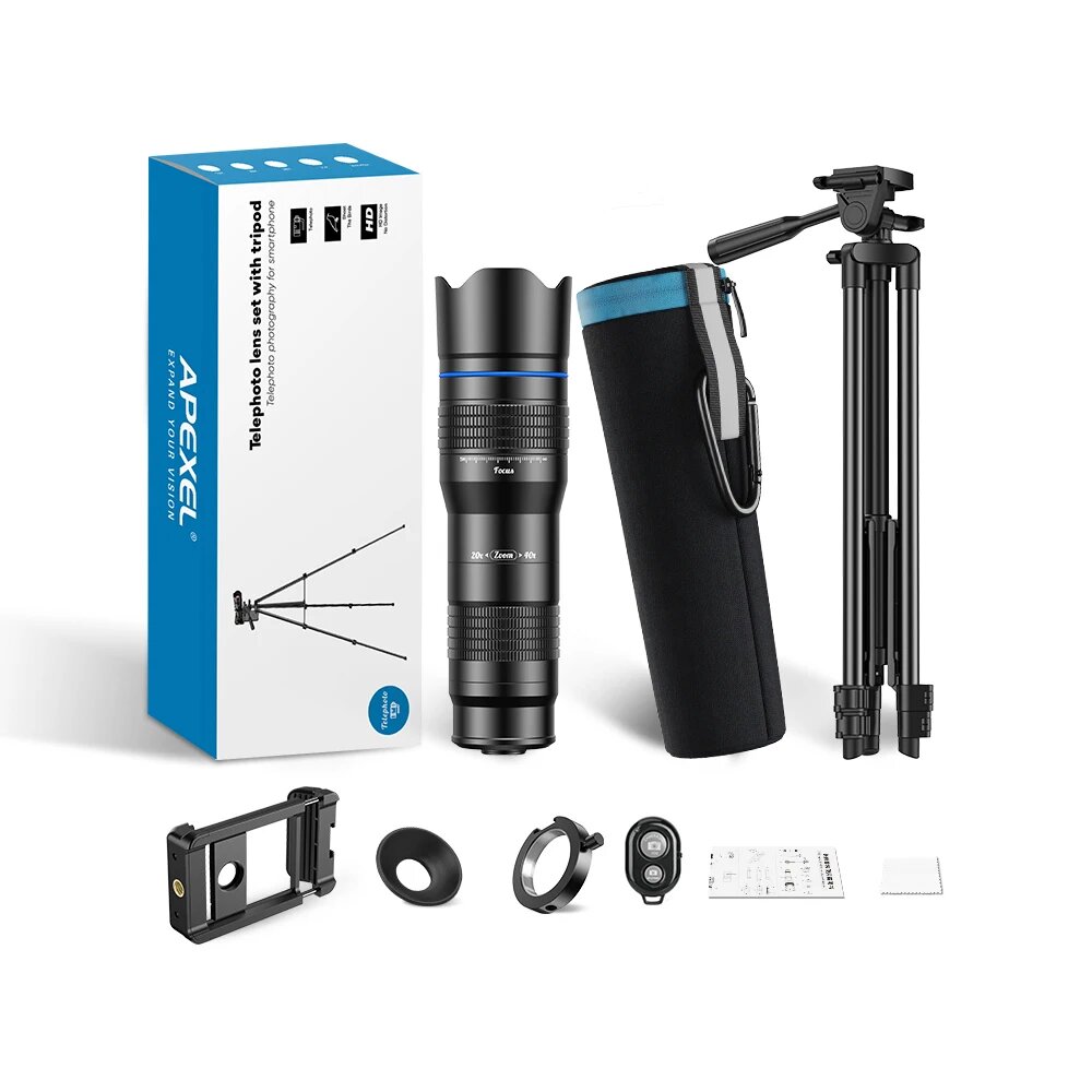 Телеобъектив APEXEL HD Metal С 20-40-кратным Зумом И Выдвижным Мини-штативом Для Всех with remote