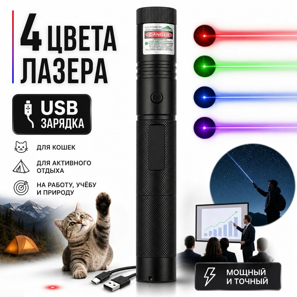 Лазерная указка USB с красным, зеленым, синим и фиолетовым лучом, точечная и звездная проекция, дальнобойная, со встроенным аккумулятором и зарядкой