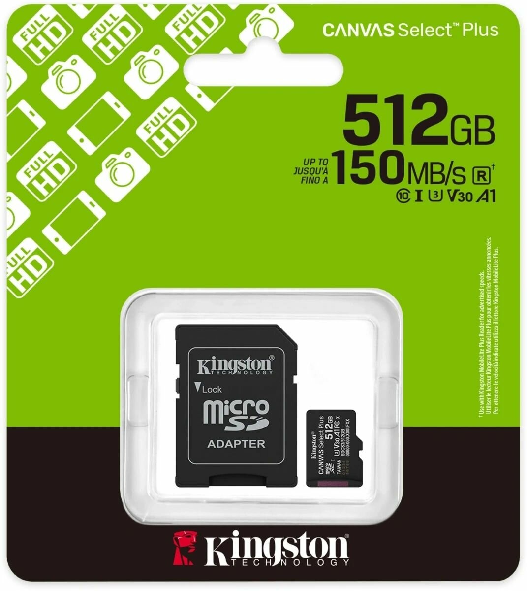 Карта памяти Kingston microSDXC 512ГБ Class 10, с адаптером SDCS3/512GB