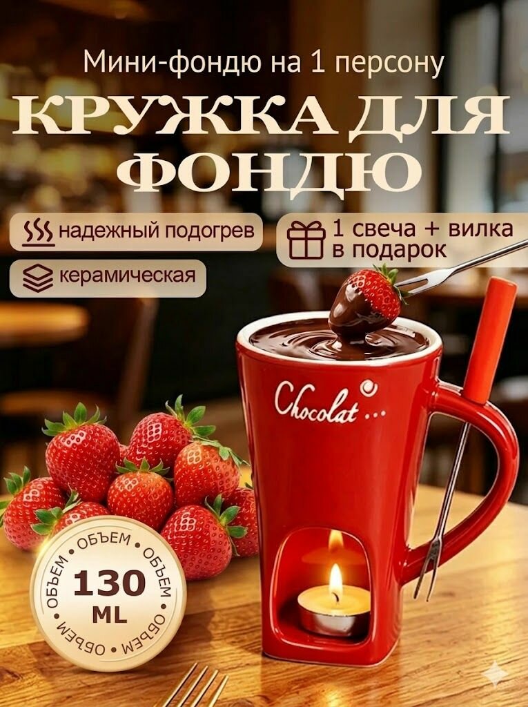 Кружка фондюшница для шоколада со свечкой, Набор для фондю на 1 персону 130 мл