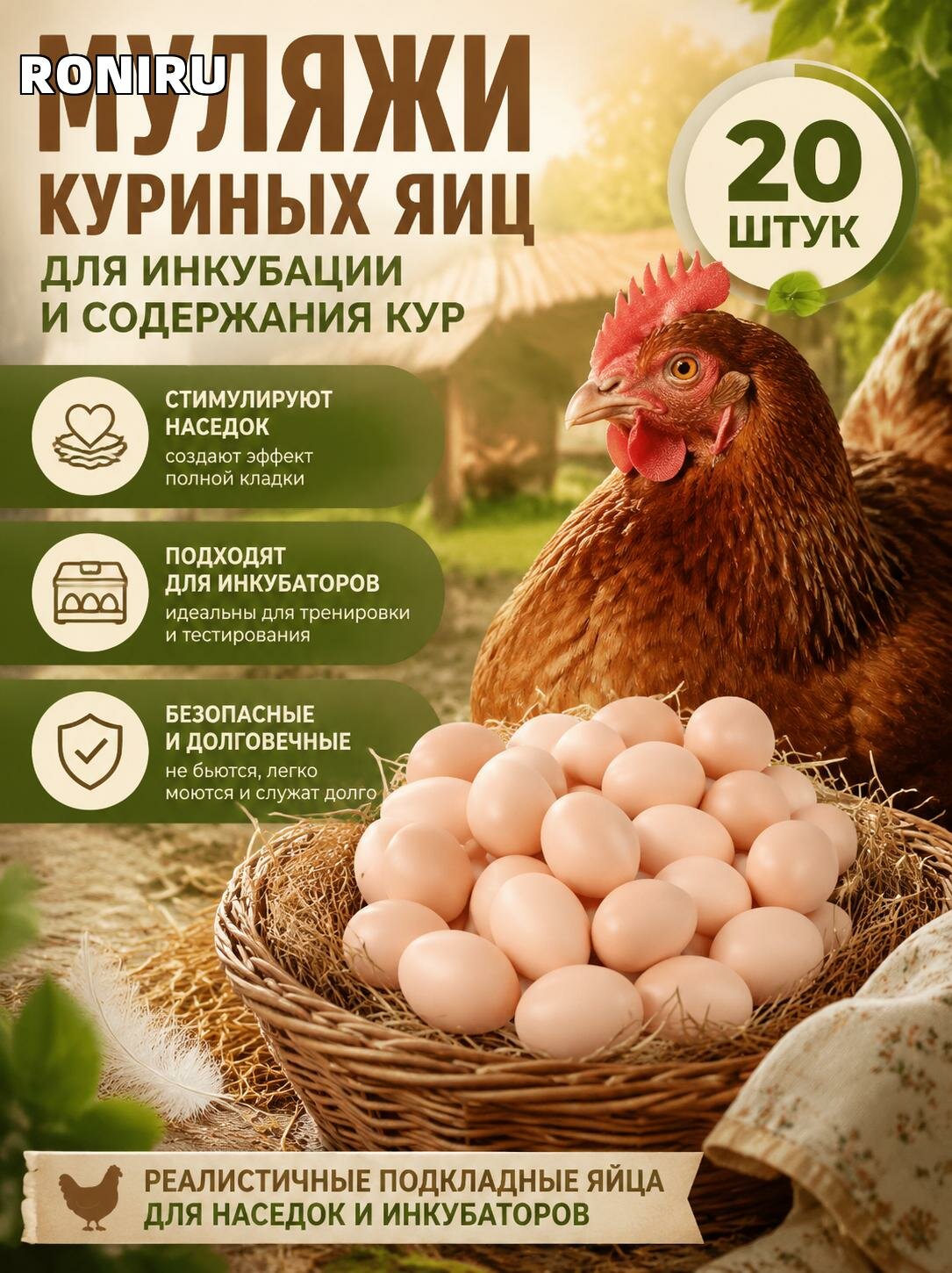 Муляжи куриных яиц 20 шт для инкубации и содержания кур — реалистичные подкладные яйца для наседок и инкубаторов