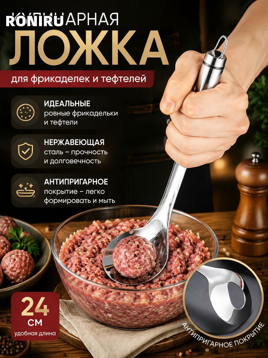 Кулинарная ложка для фрикаделек и тефтелей 24 см из нержавеющей стали с антипригарным покрытием, удобная и прочная