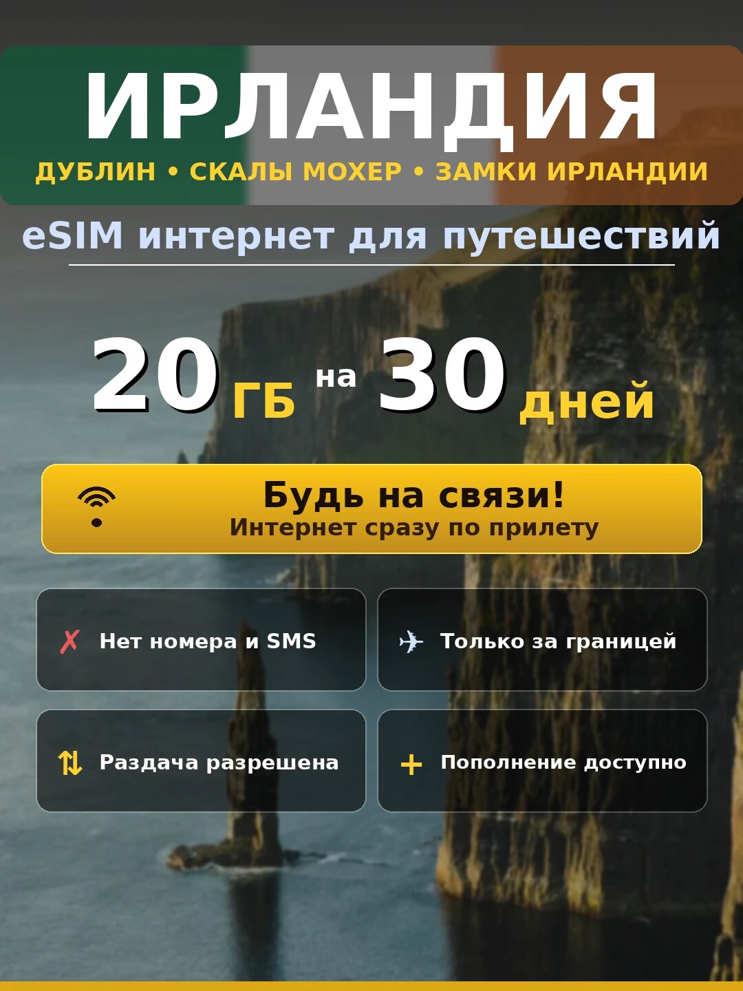 ESIM Ирландия — мобильный интернет 20 ГБ на 30 дней | виртуальная SIM-карта для путешествий