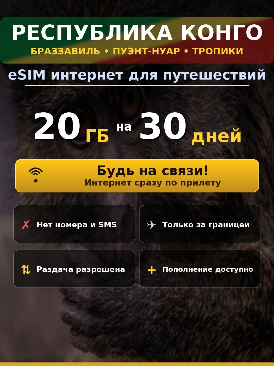 ESIM Республика Конго — мобильный интернет 20 ГБ на 30 дней | виртуальная SIM-карта для путешествий