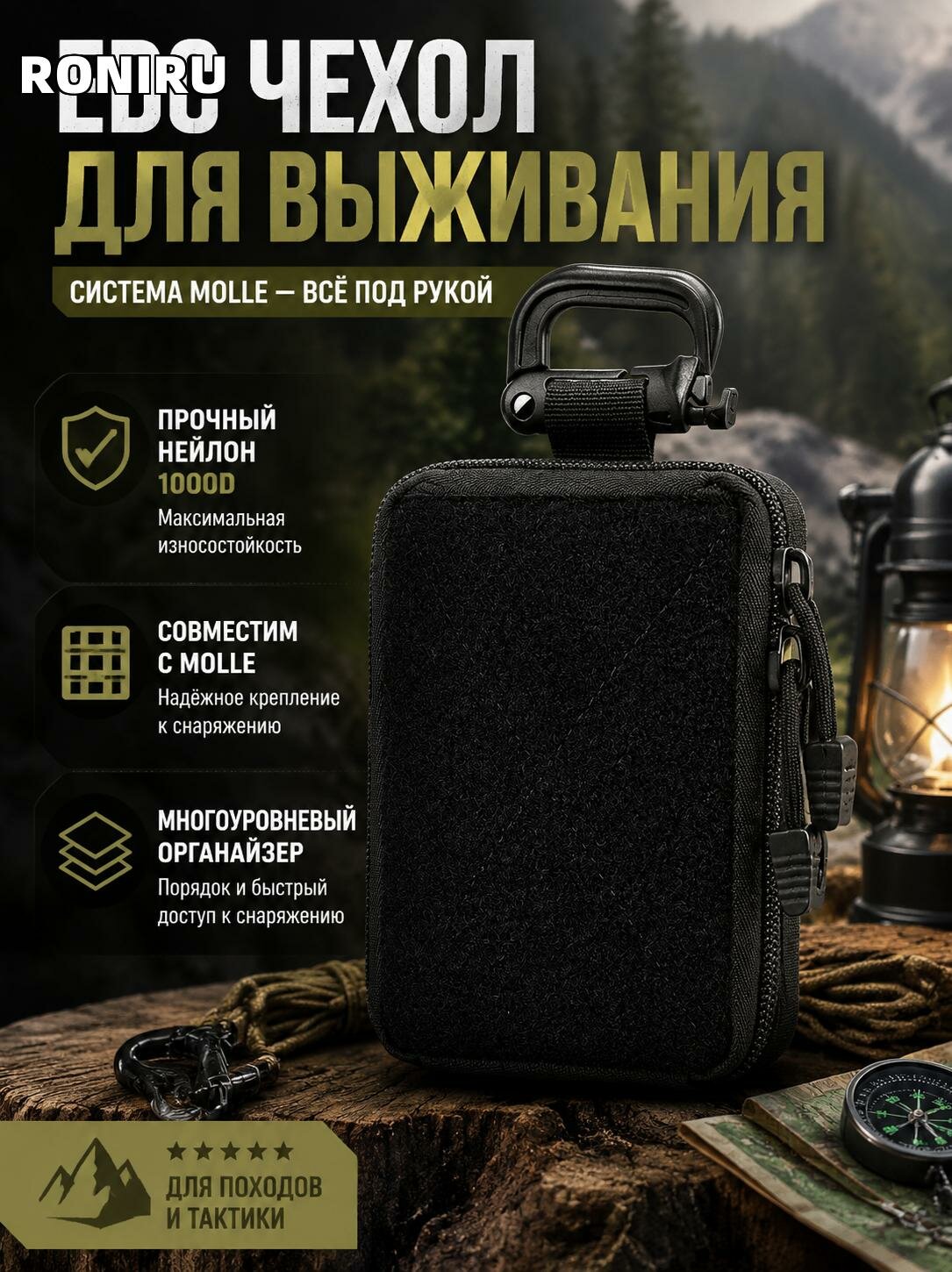 Чехол EDC для выживания с системой Molle — многоуровневый органайзер из нейлон 1000D для походов и тактической экипировки, черный/хаки.