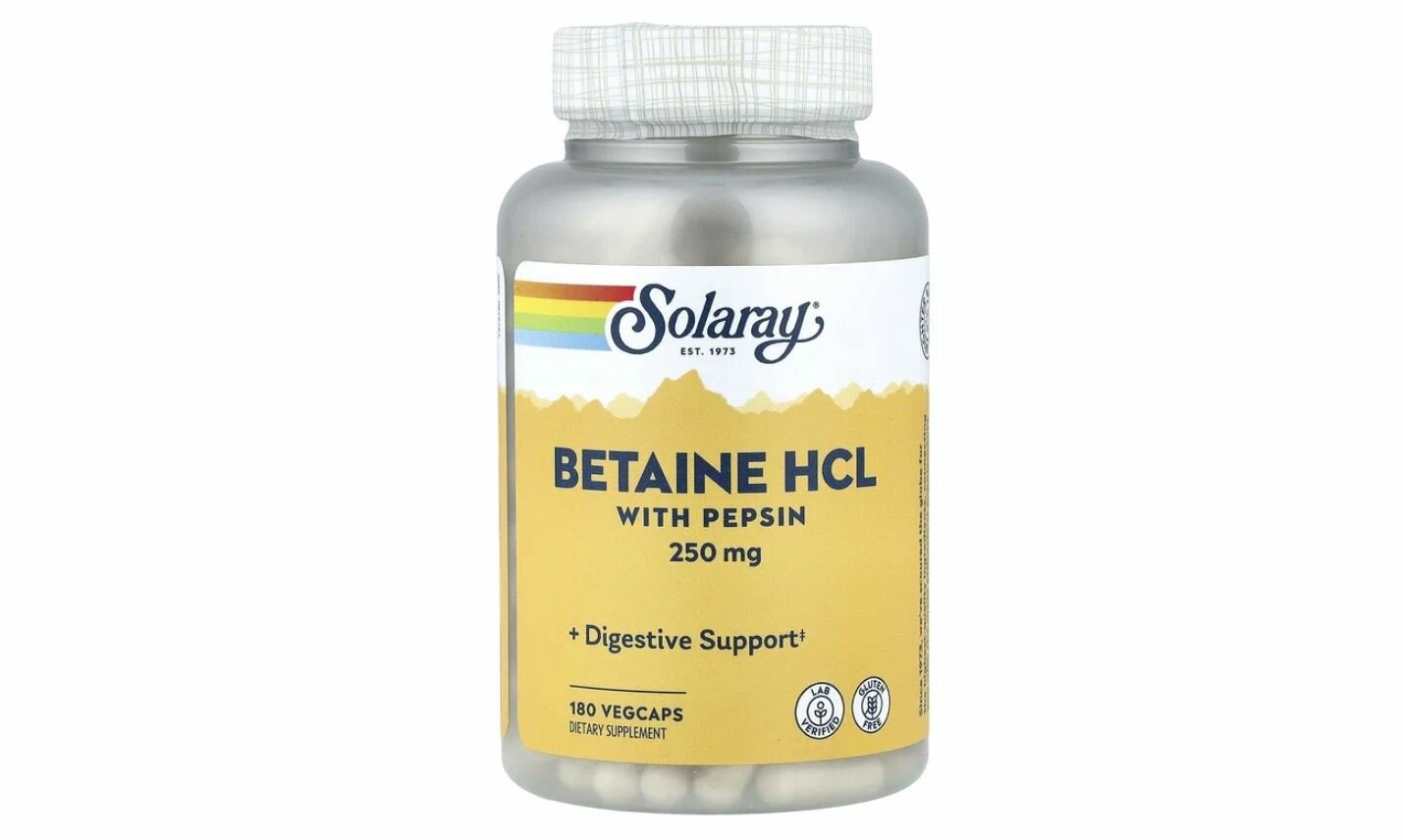 Solaray, Betaine HCl with Pepsin, Бетаин гидрохлорид с пепсином, 180 растительных капсул