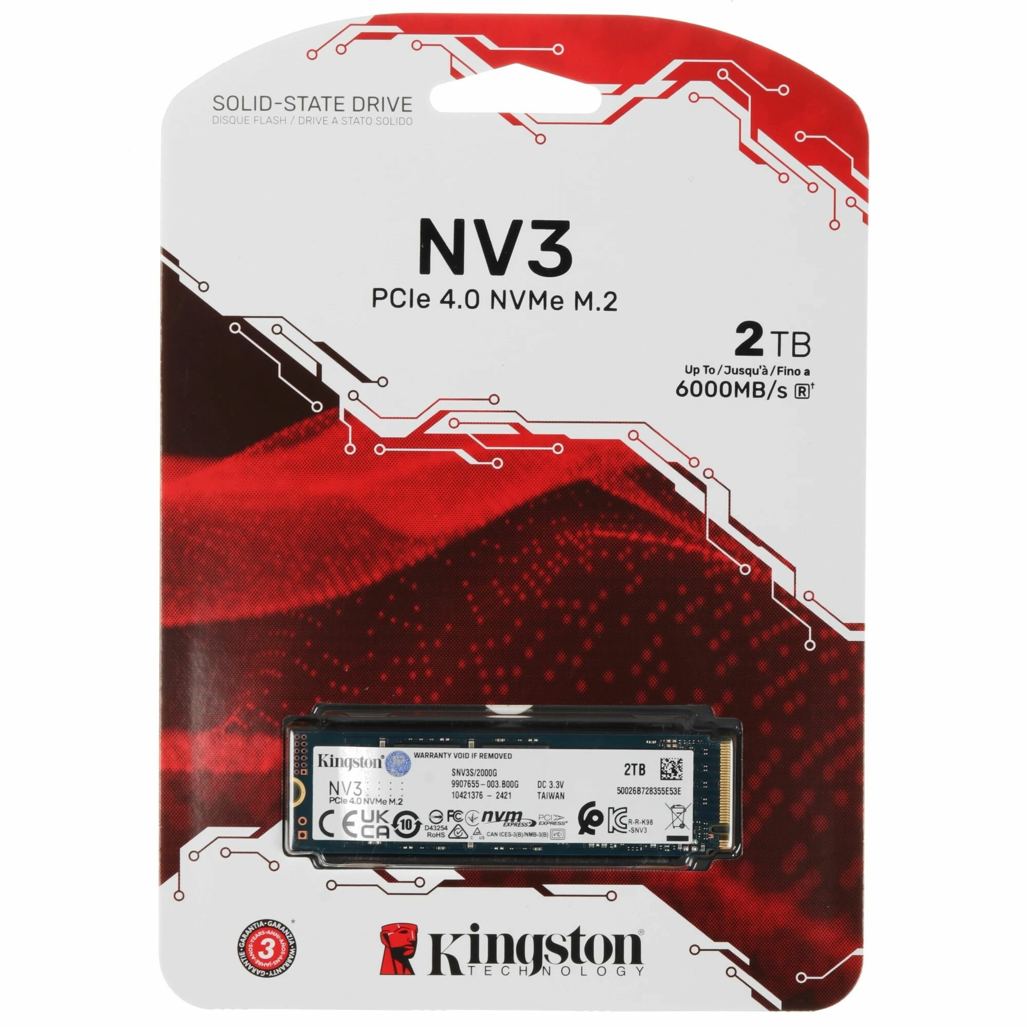 2 ТБ M.2 NVMe накопитель Kingston NV3 (SNV3S/2000G) - PCI-E 4.0, чтение - 6000 МБ/с, запись - 5000 МБ/c, TBW - 640