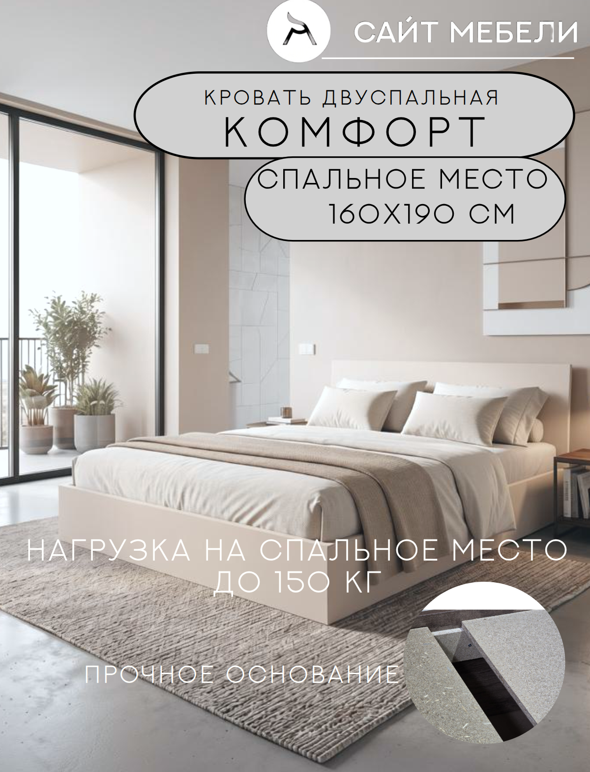 Кровать ЛДСП сп. м. 160х190 см, Кашемир (настил в комплекте), усиленная конструкция