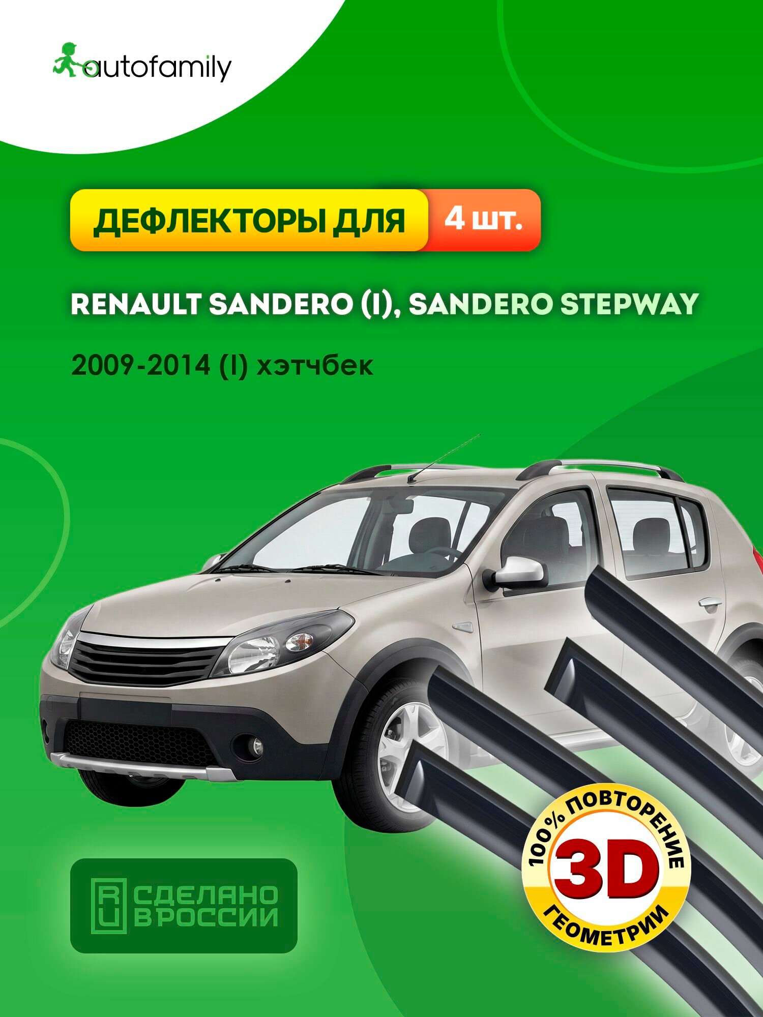 Дефлекторы окон для RENAULT SANDERO (I), SANDERO STEPWAY 2009-2014 (I) хэтчбек 5 дв. REIN 4 шт. / Рено Сандеро