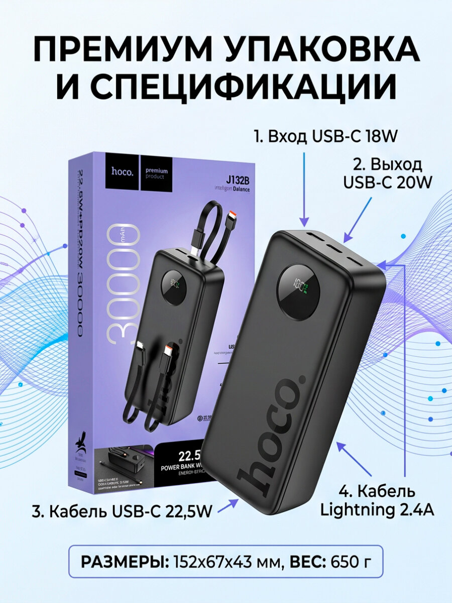 Внешний аккумулятор Hoco J132B с проводами 30000 mAh
