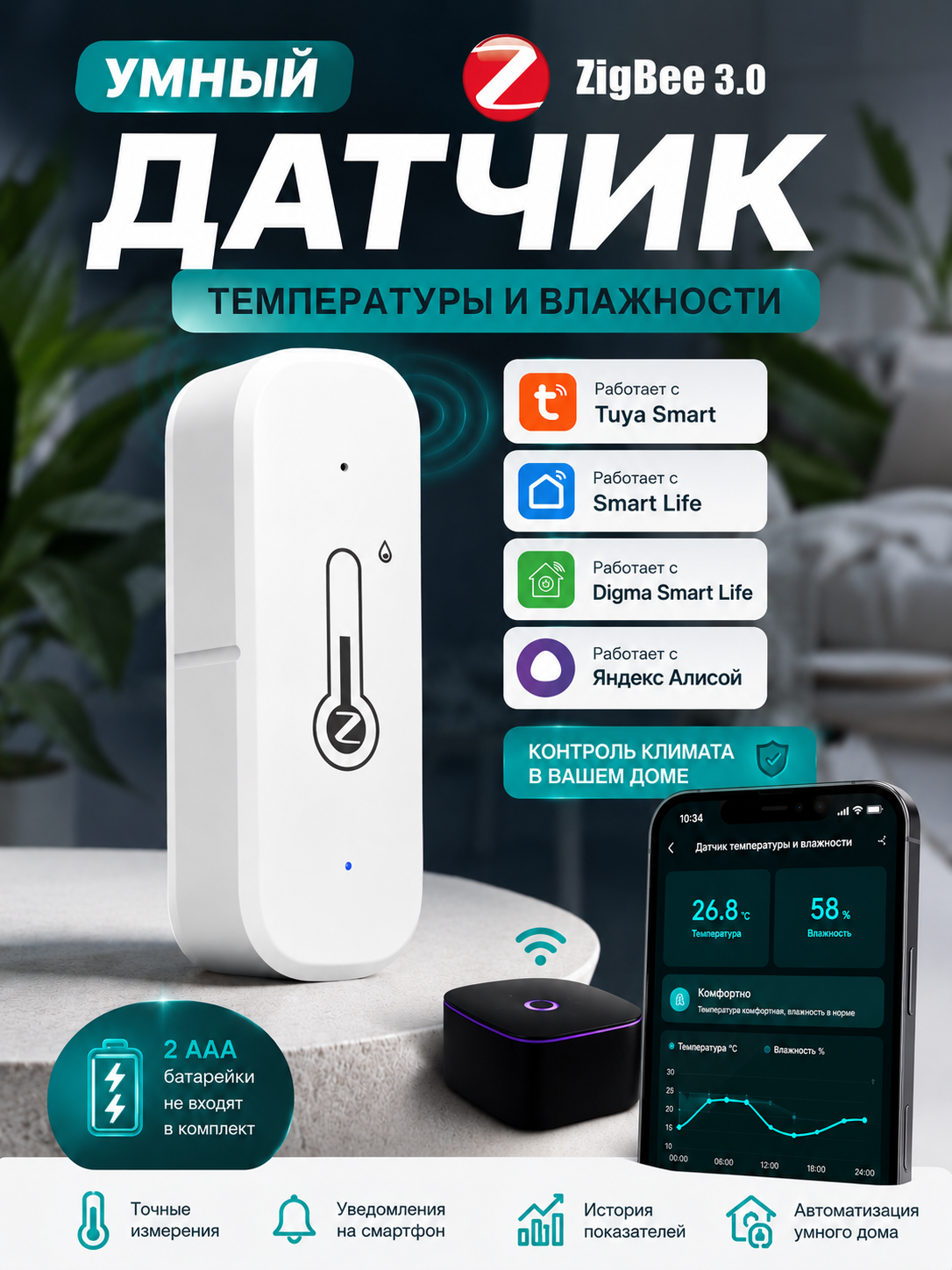 Умный Zigbee датчик температуры и влажности для Smart Life / Tuya / Яндекс Алиса