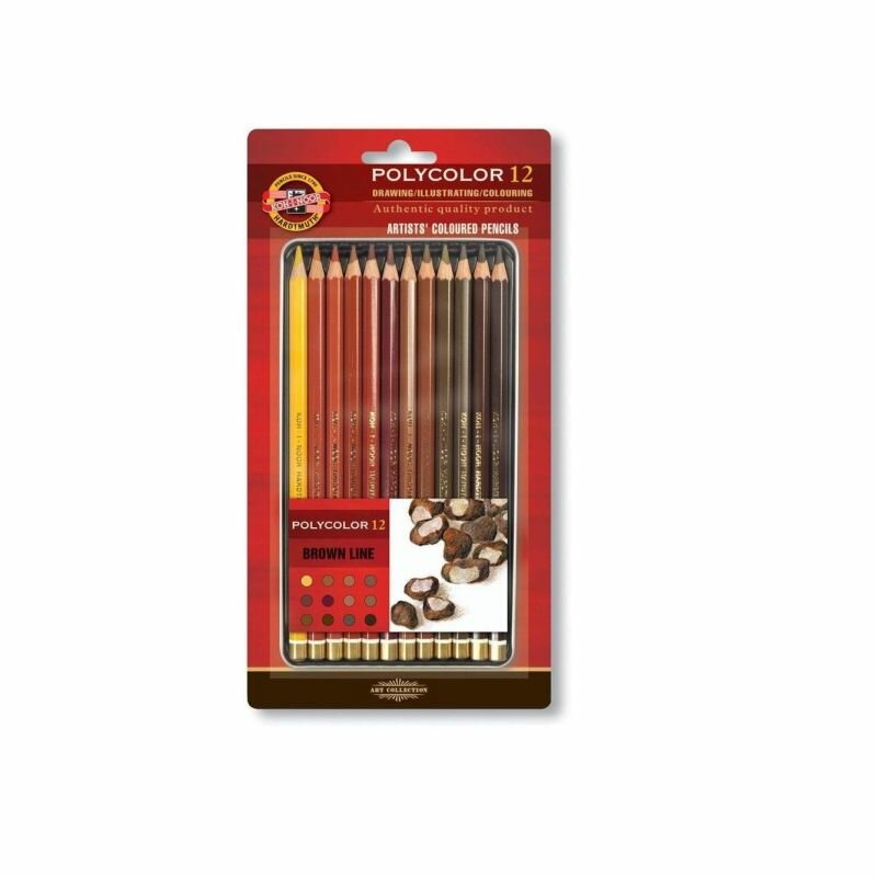 Карандаши цветные худож POLYCOLOR коричневые 12цвнаб мет. кор 3822012014BL