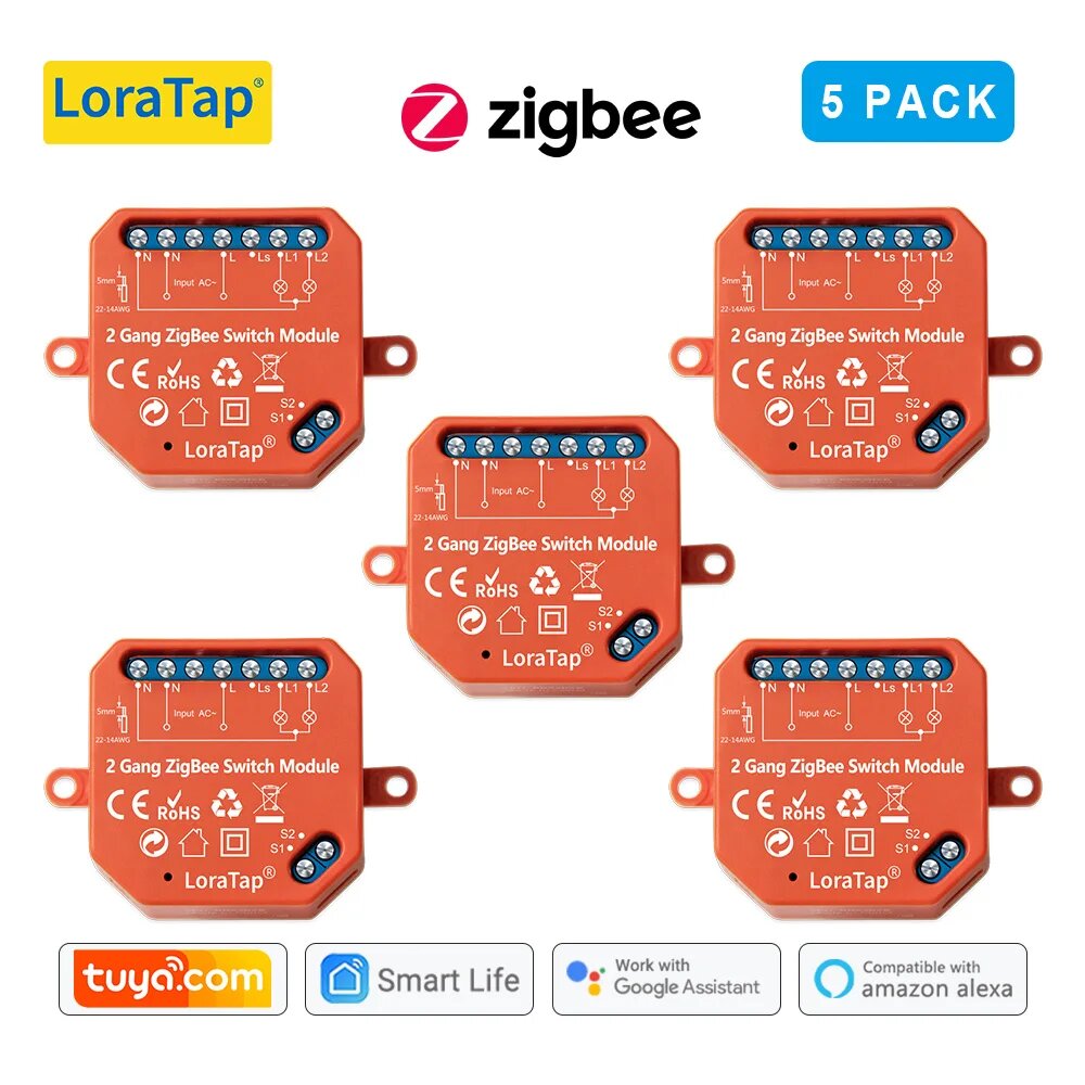 Переключатель LoraTap ZigBee 3.0 2 Gang 5 PACK