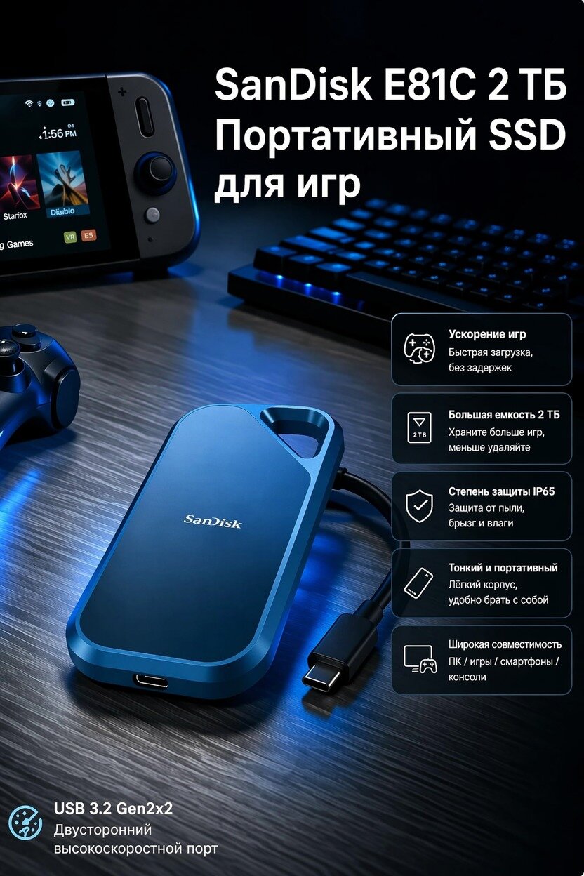 SSD Мобильный твердотельный накопитель SanDisk Creator Pro E81C, 1TB, до 2000 МБ/с, USB-C, USB 3.2 Gen 2x2 IP65