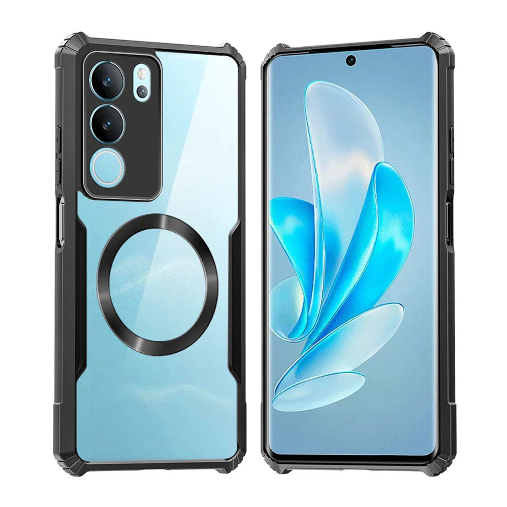 Задняя панель-чехол-накладка MyPads «Labbri» для Vivo V27E из качественного силикона c прозрачной пластиковой задней стенкой, с MagSafe, с черной о.