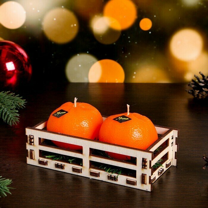Набор новогодних свечей 'Мандарины в ящике', 2 шт, 6,2x14x7,4 см