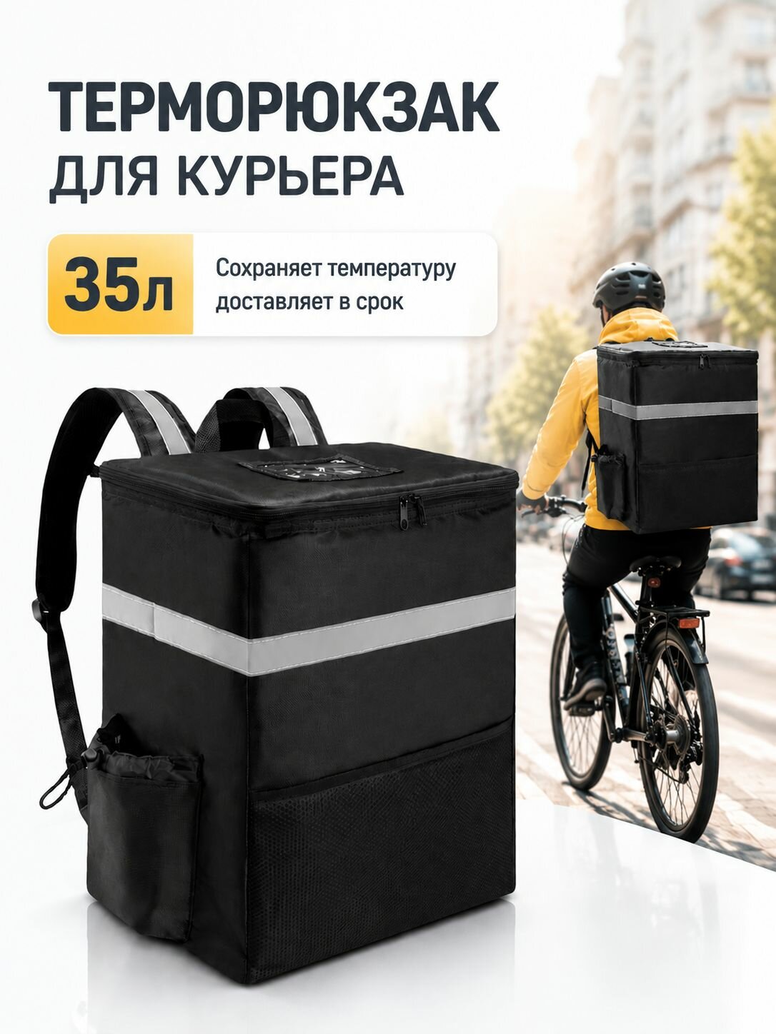Терморюкзак для курьера 35 л, сумка для доставки еды, жёсткий корпус, термоизоляция, водонепроницаемый, светоотражающая лента, 40x35x25 см