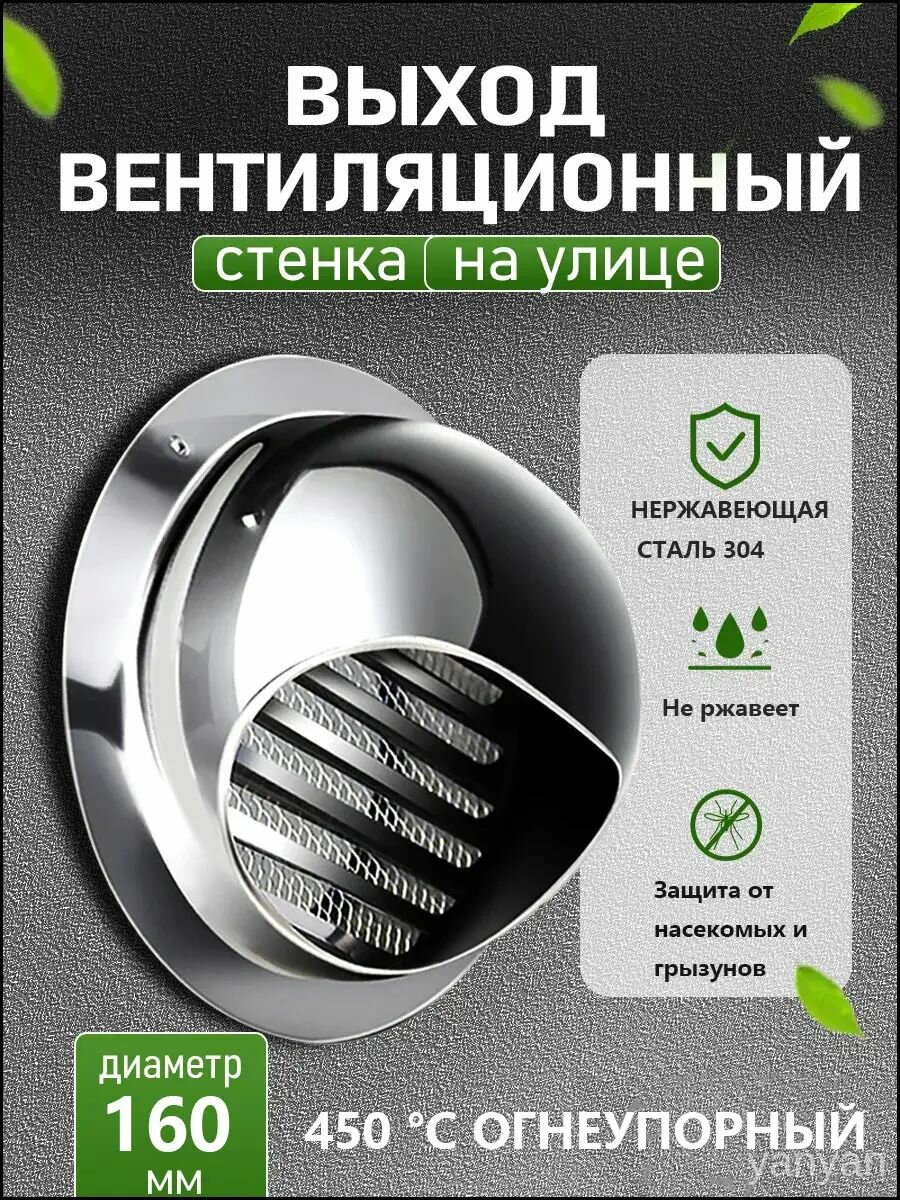 Стенной выход с решеткой и сеткой, 160 мм, из нержавеющей стали 304