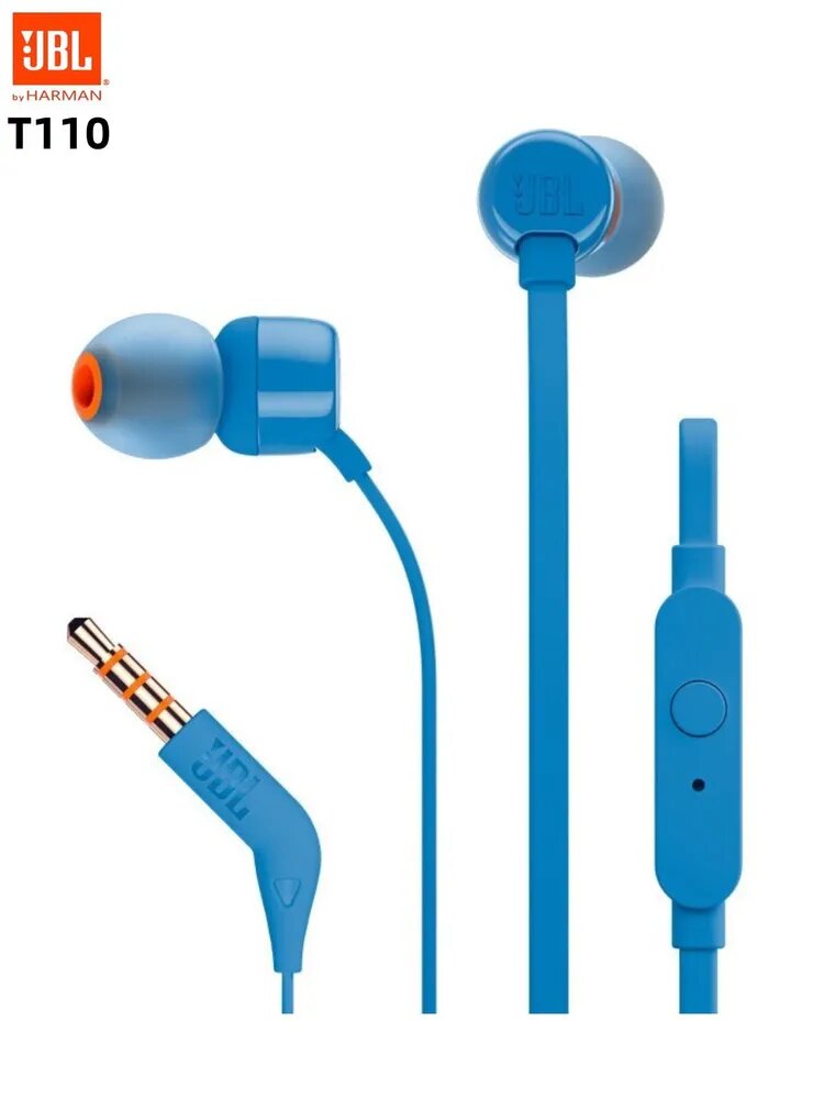 JBL Наушники проводные с микрофоном JBL Tune 110, 3.5 мм, синий