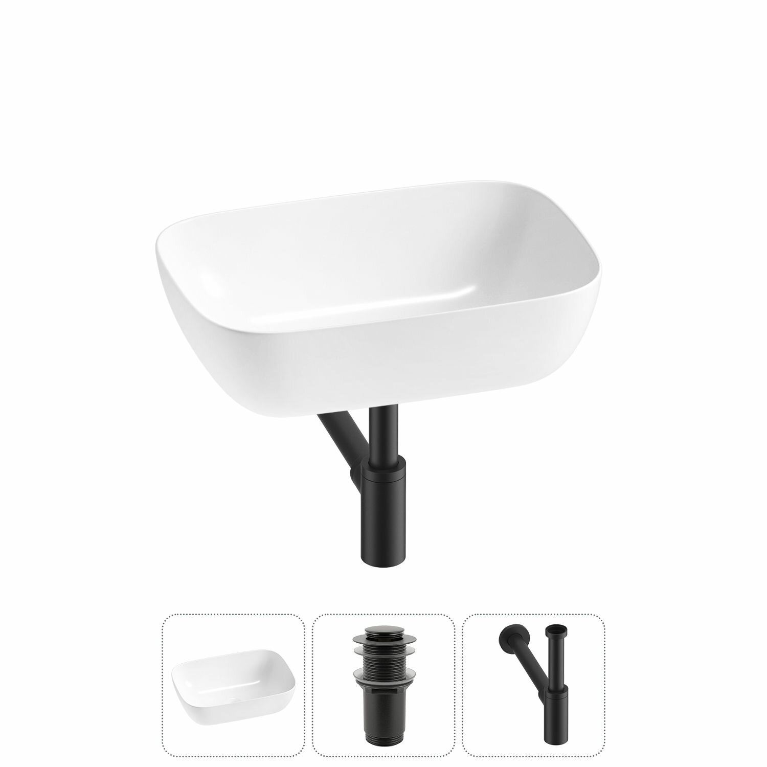 Накладная раковина для ванной 46 см Lavinia Boho Sink 20215196R в наборе 3 в 1: подвесная раковина 39 см (белый), заглушка на переливдонный клапан, сифон (цвет набора матовый черный)