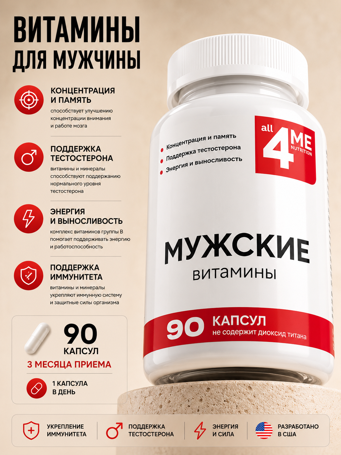 Витамины для мужчин ALL4ME, 90 капсул, мультивитаминный комплекс с витаминами, минералами, цинком, селеном, Q10 и ликопином