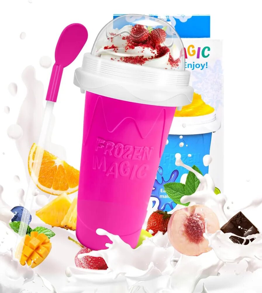 YOUEN Кружка для приготовления смузи Frozen Magic, 350 мл, 1 шт, розовая, с ложкой