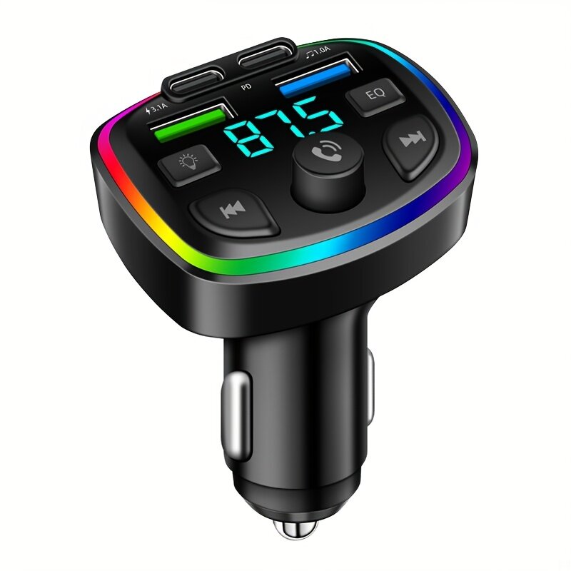 Автомобильный беспроводной MP3-плеер с FM-трансмиттером, двойным USB 3.1A, быстрой зарядкой PD, цветной атмосферной подсветкой и интеллектуальным эквалайзером, черный