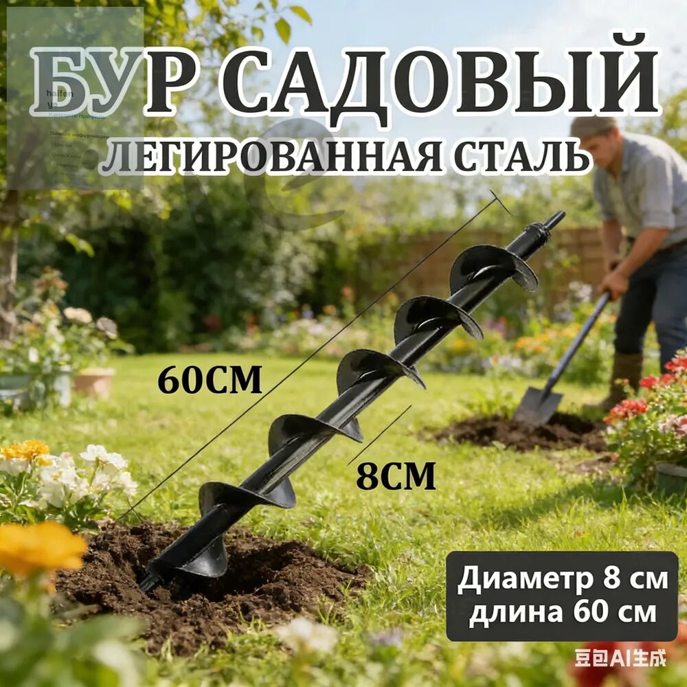 Бур садовый ручной, Легированная сталь, диаметр 8 см, длина 60 см