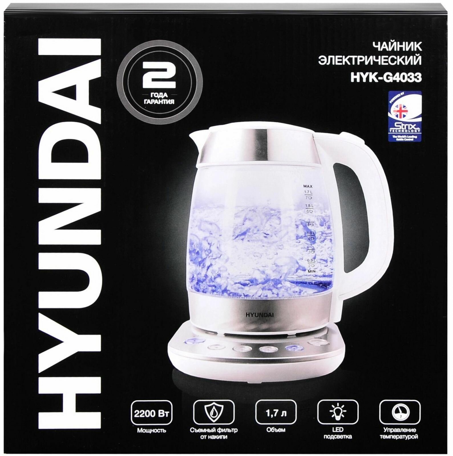 Чайник электрический HYUNDAI 1.7 л, 2200 Вт, белый-серебристый, корпус стекло (HYK-G4033)