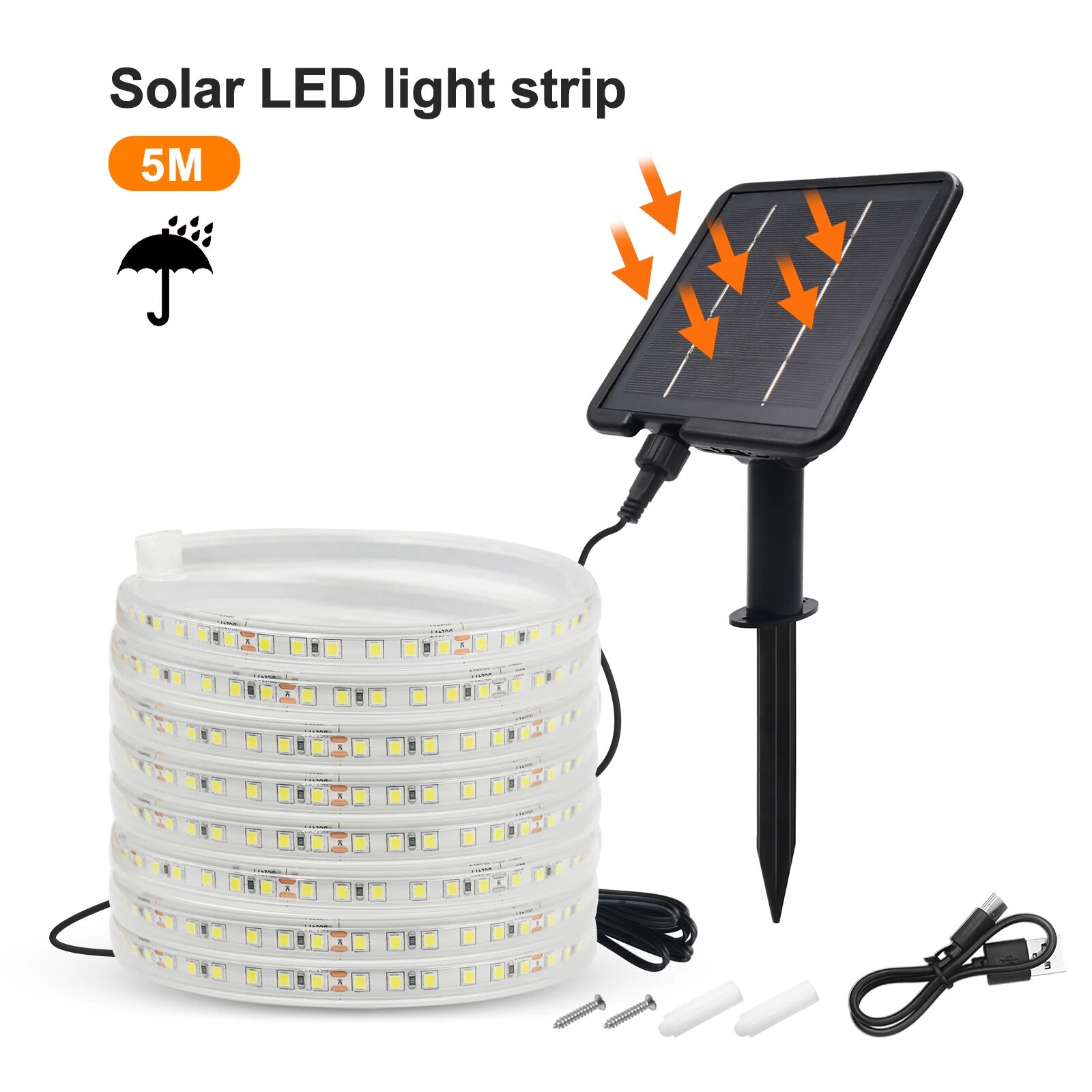 Солнечная LED лента 5м, теплый белый