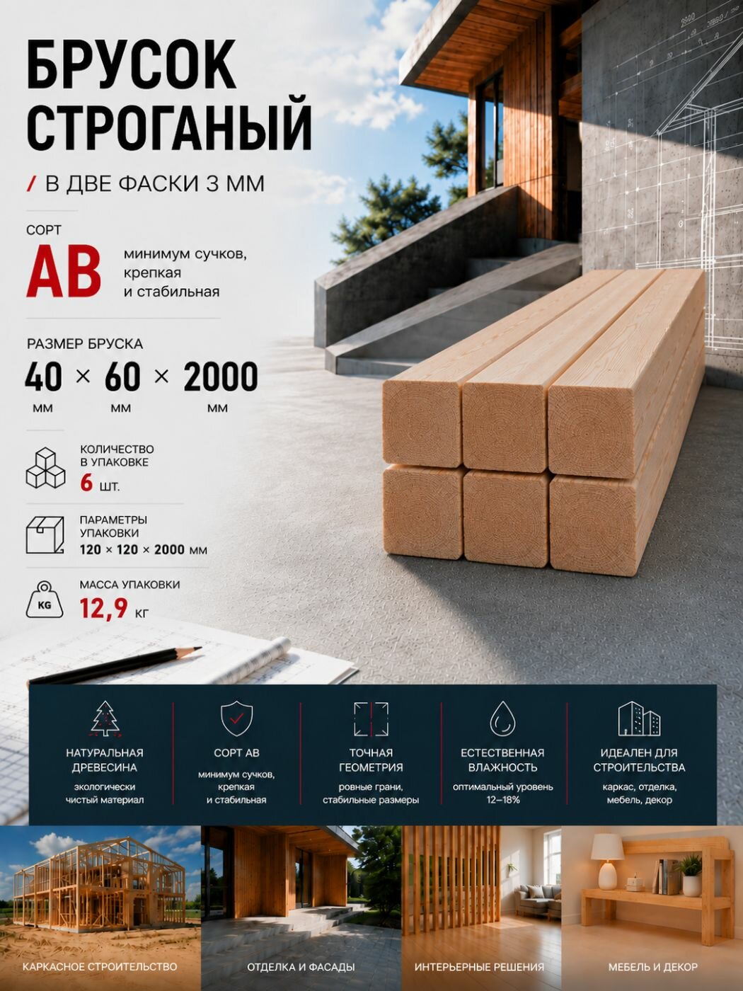 Брусок строганый 2 Фаски 3 мм сорт АВ, 40х60х2000, 6шт, хвойных пород