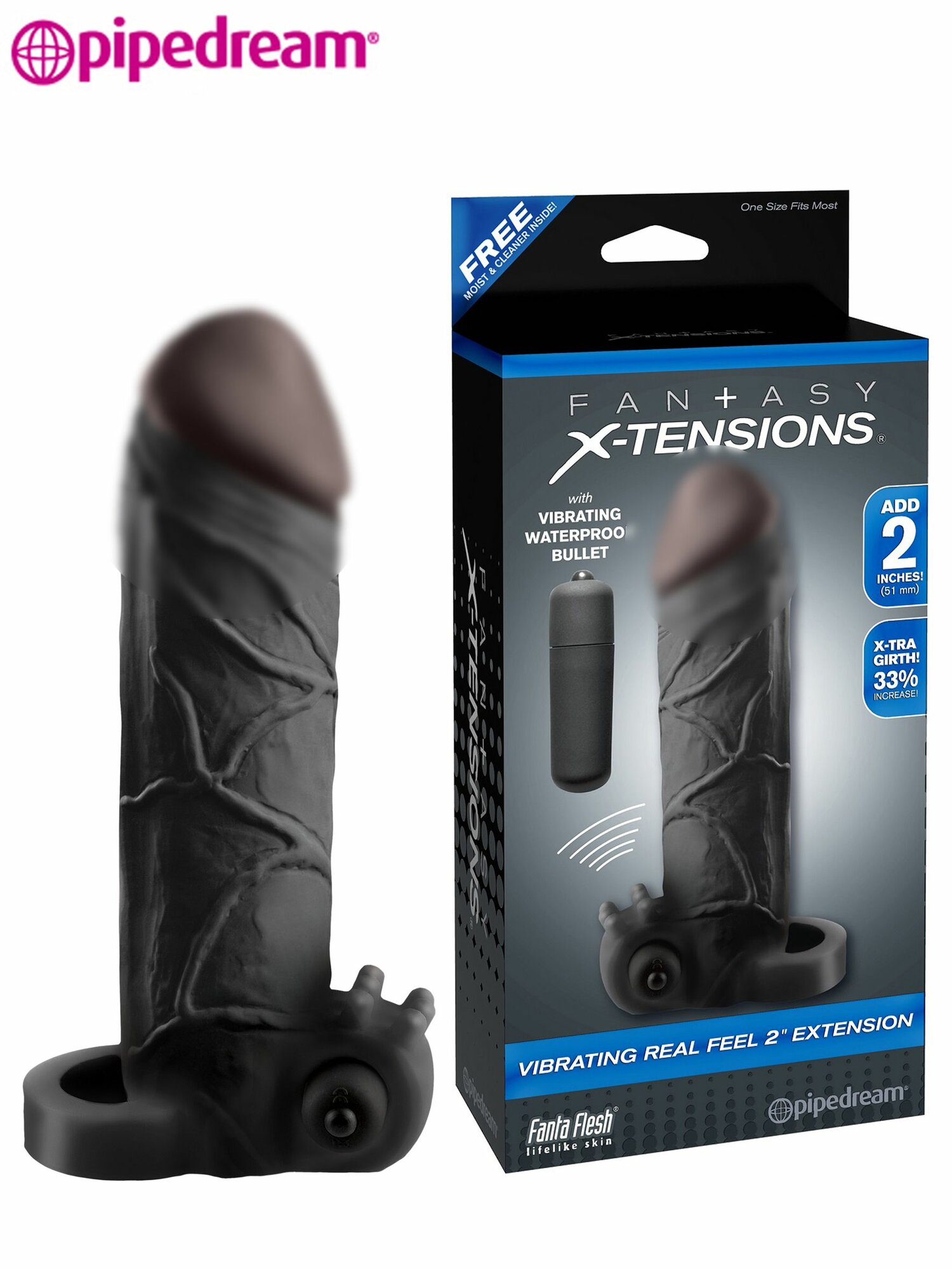 PipeDream Насадка удлинитель Fantasy X-Tensions Real Feel 2" Extension с вибрацией, черный (16.5 см х 4.5см)