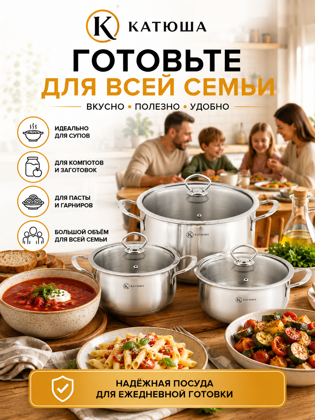 Набор посуды из 6 предметов (d 18-22-26 см/2,3-4,1-8,0 л), Марта, с крышками, катюша