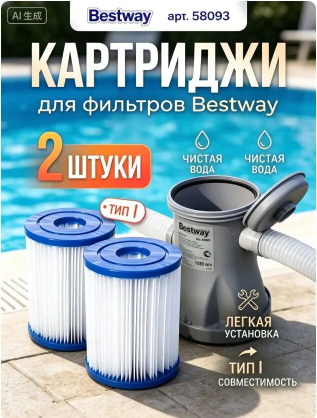 Картриджи для фильтр-насоса бассейна тип I Bestway 58093, 8 х 9 см, 2 шт.