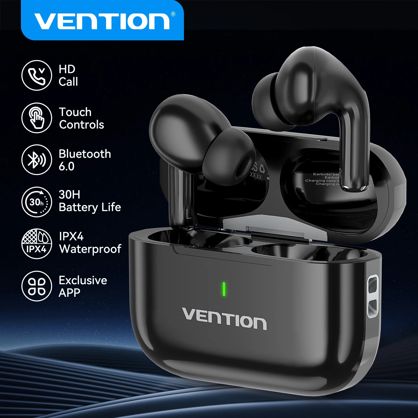 Vention E11pro Черные беспроводные наушники Bluetooth 6.0 IPX4