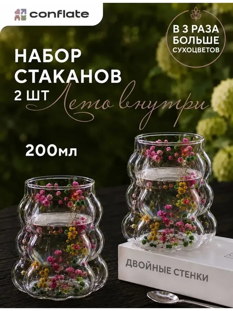 Набор стаканов 2 штуки стеклянные с двойными стенками 200 мл Conflate