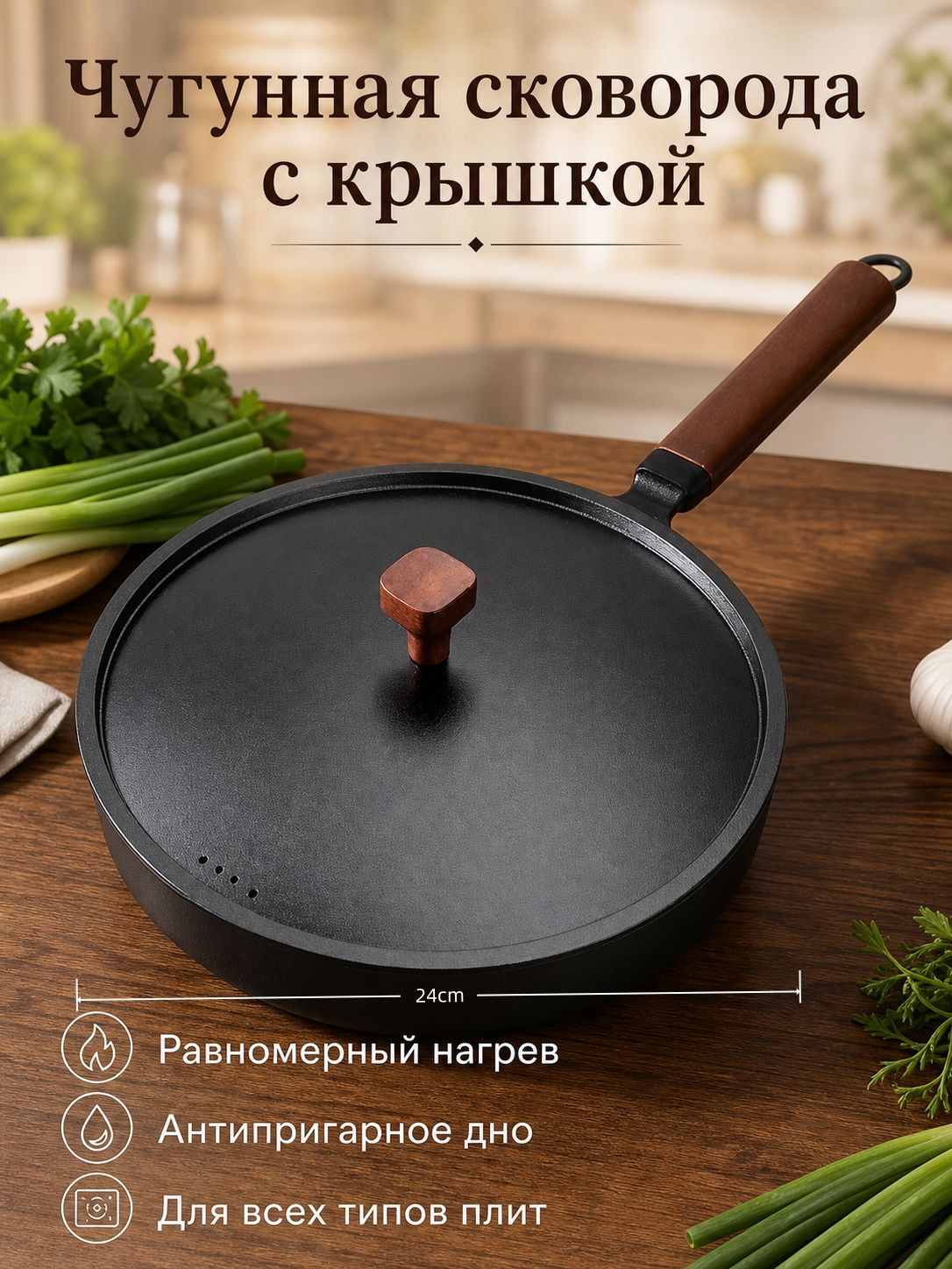 Сковорода чугунная 24 см с крышкой, без покрытия, для блинов и стейков, подходит для всех плит