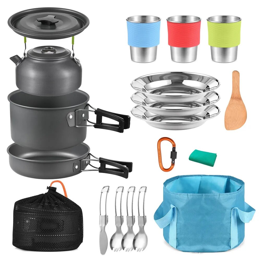 TOMSHOO 22 шт. Посуда для кемпинга Mess Kit походный горшок и сковорода набор для