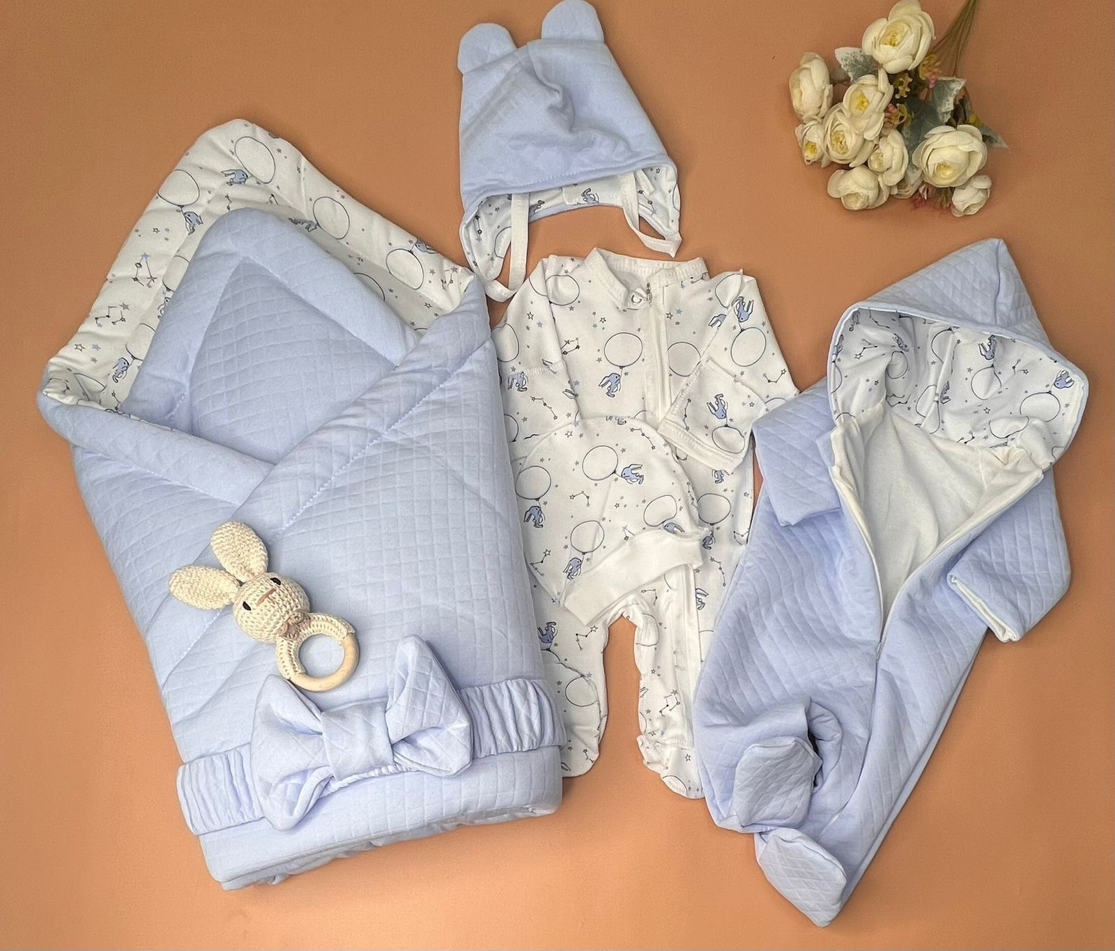 Конверт для новорождённого трикотажный на выписку капитоний в роддом голубой