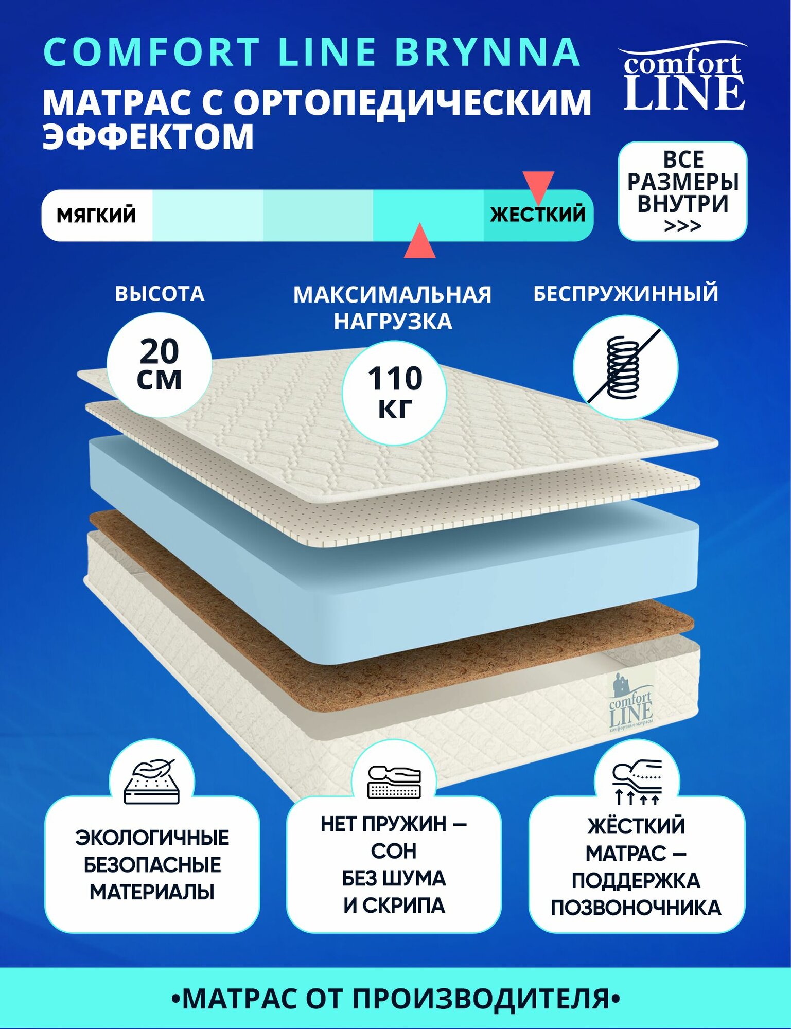 Матрас Comfort Line Brynna 85х180 серии Lux высота 20 см анатомический жесткий средней жесткости кокосовый латексный