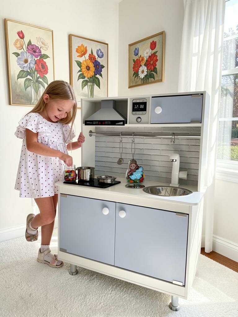 Детская кухня SITSTEP с вытяжкой, интерактивной плитой (со звуком и светом), серые фасады