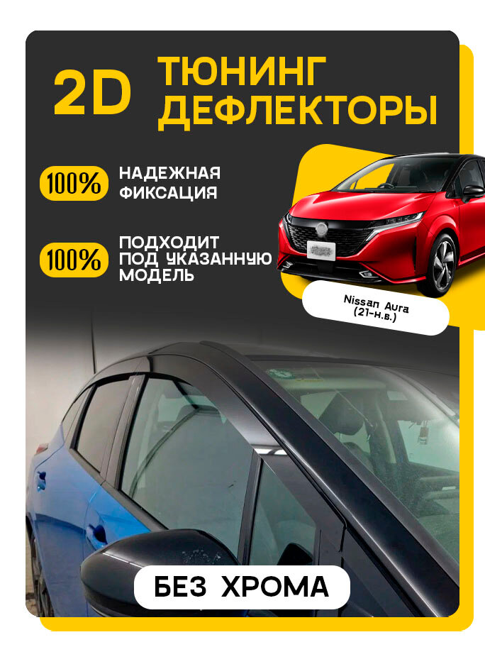 Плоские тюнинг дефлекторы для окон Nissan Aura (2021-2026) Ветровики для Ниссан Аура / 2d дефлекторы. Комплект 8 шт.