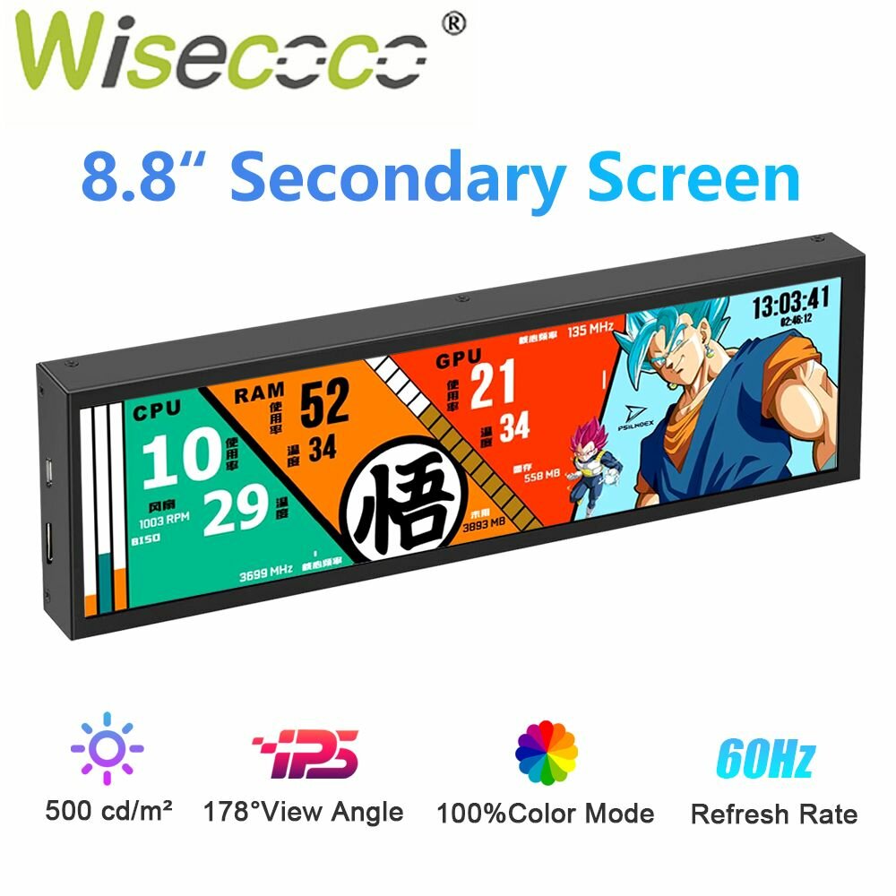 Wisecoco Пиксельный экран 8.8" портативный монитор IPS 1920*480, FHD, мониторинг температуры CPU/GPU (Windows, Aida64), ЖК-дисплей для системного блока, коричнево-красный