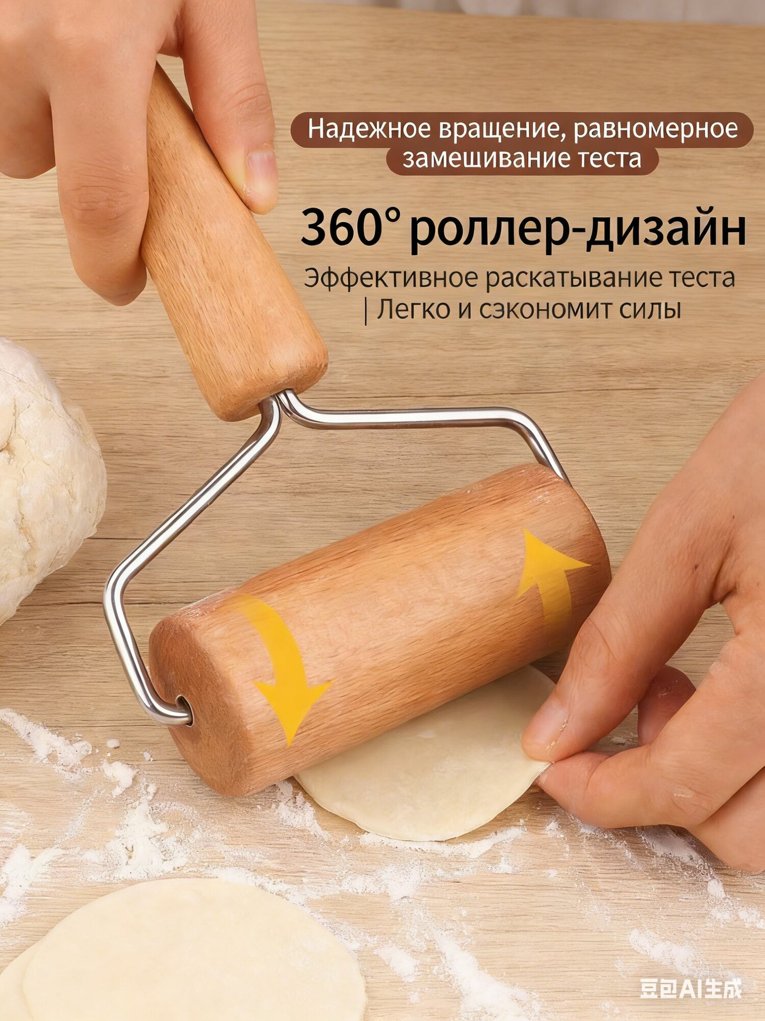 Скалка роликовая, ручной ролик для раскатки теста, деревянный